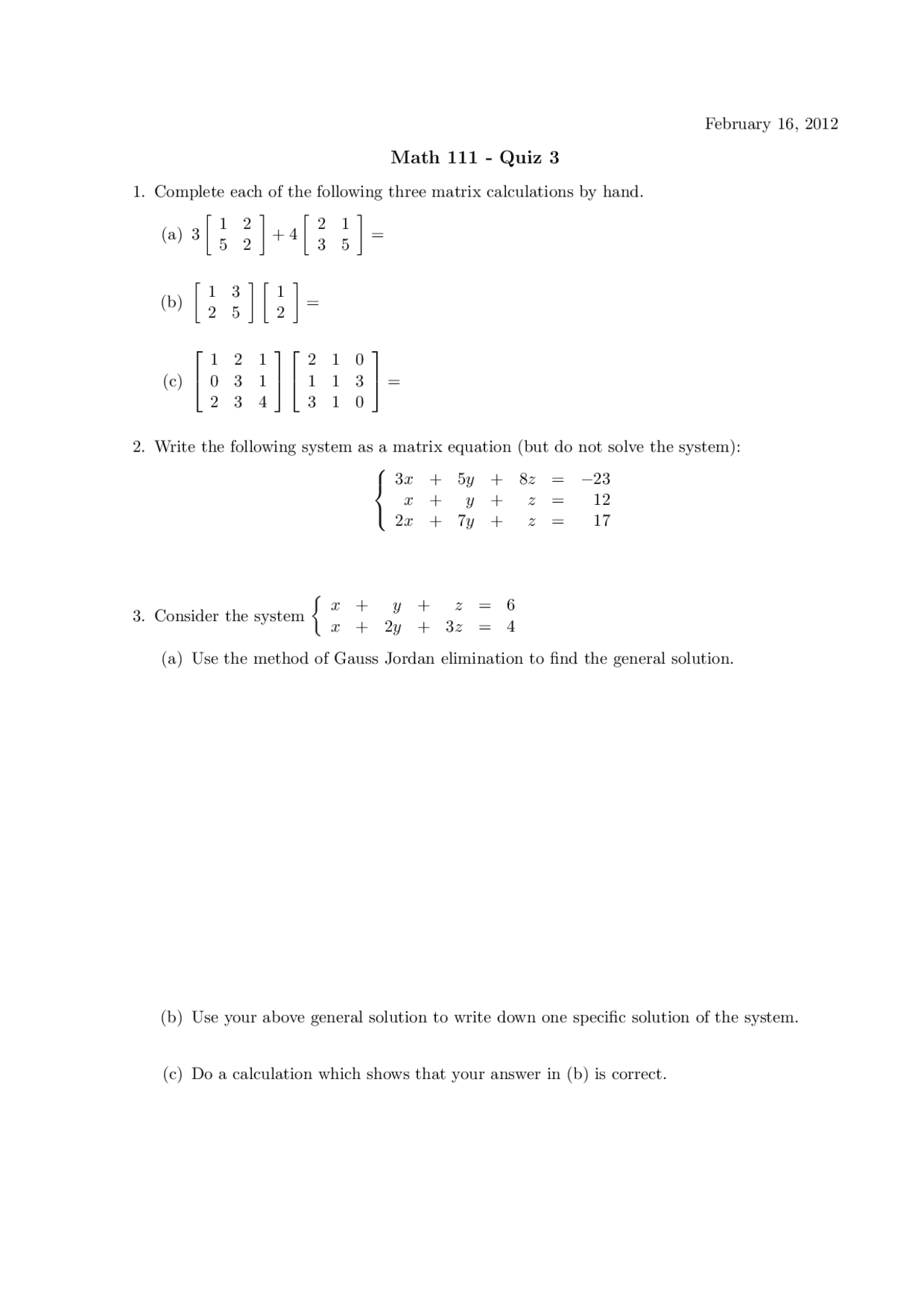 Quiz 3 For Linear Math Modeling Math 111 Docsity