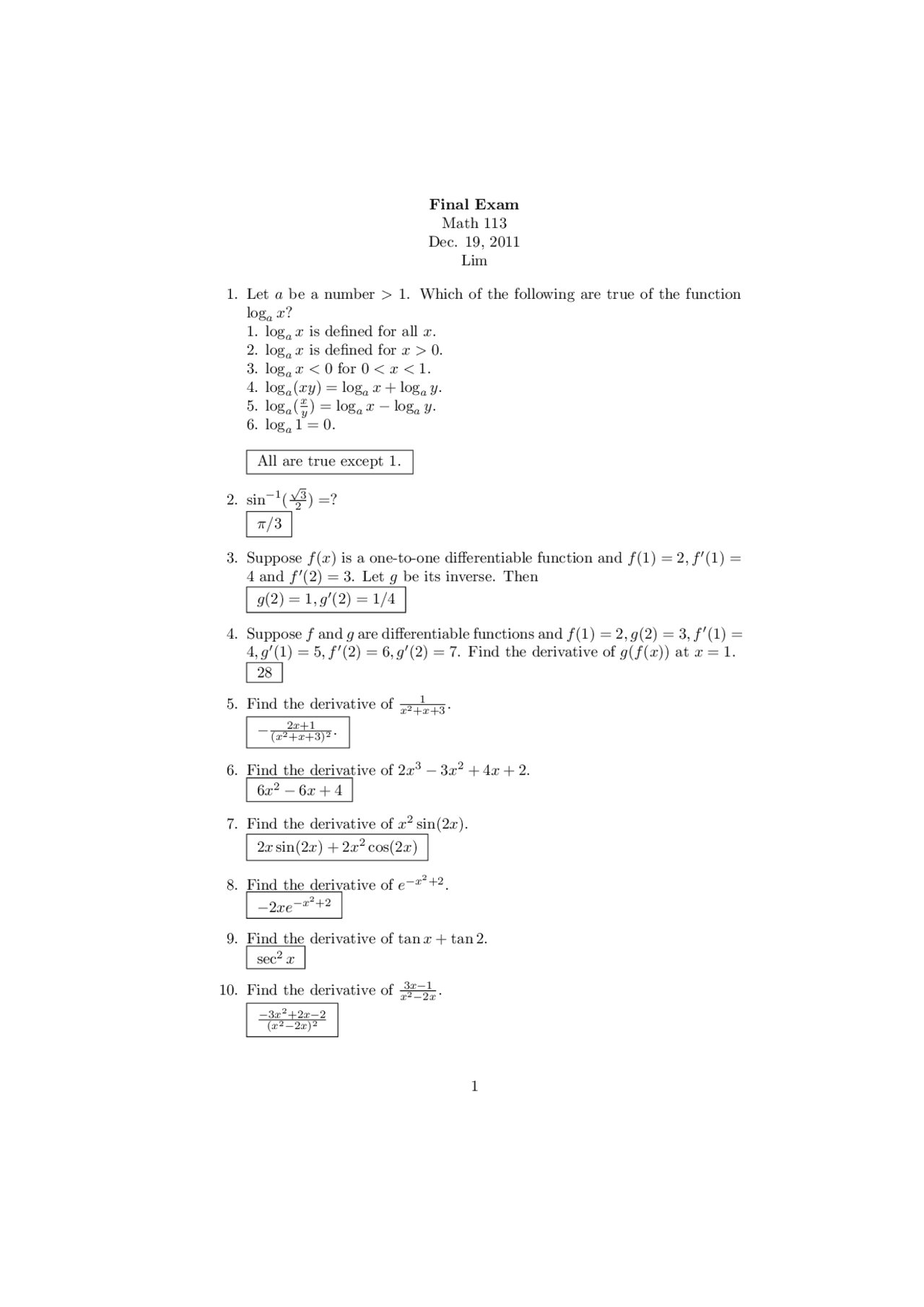 Final Exam With Solutions Analytic Geometry And Calculus I Math 113