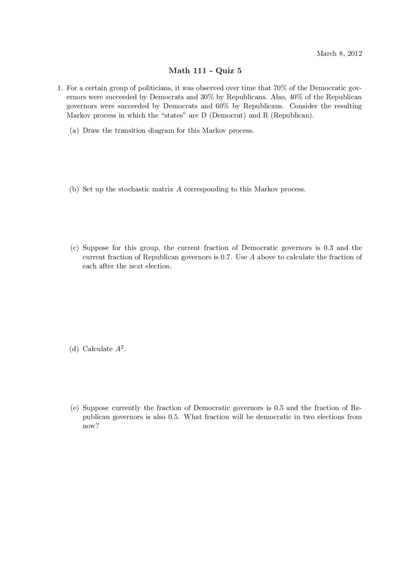 Quiz 5 For Linear Math Modeling Math 111 Docsity
