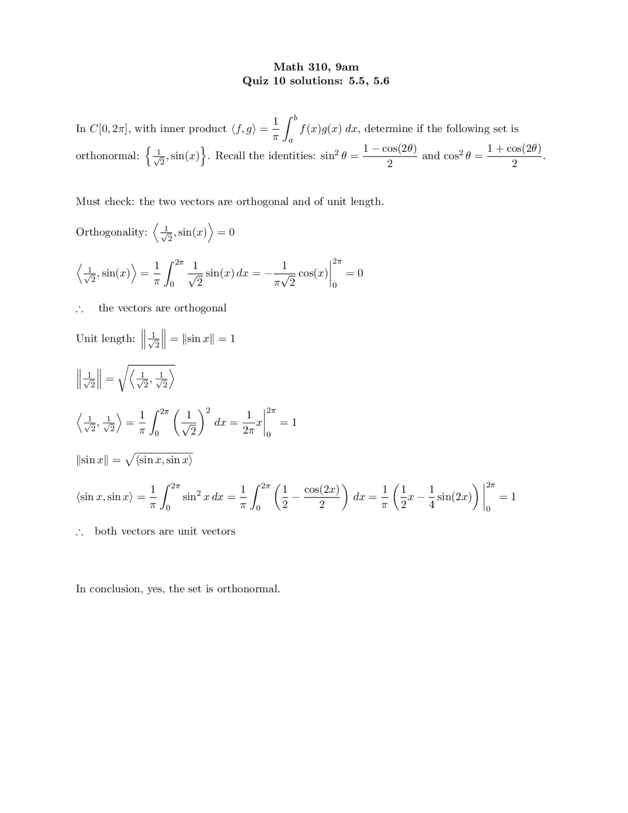 Solutions to Quiz 10 - Applied Linear Algebra | MATH 310 | Quizzes Linear Algebra | Docsity