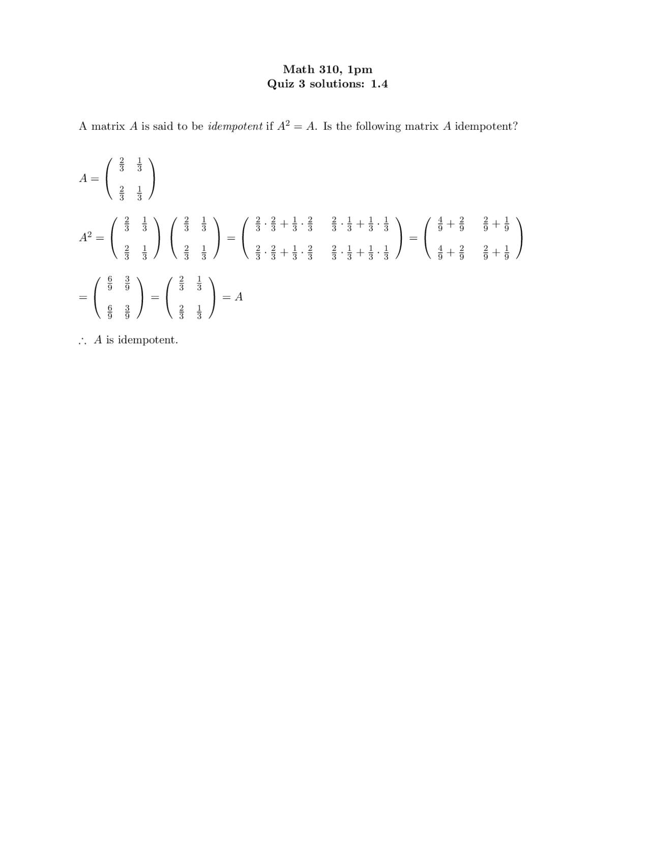 Solved Question On Applied Linear Algebra Quiz 3 Math 310 Docsity
