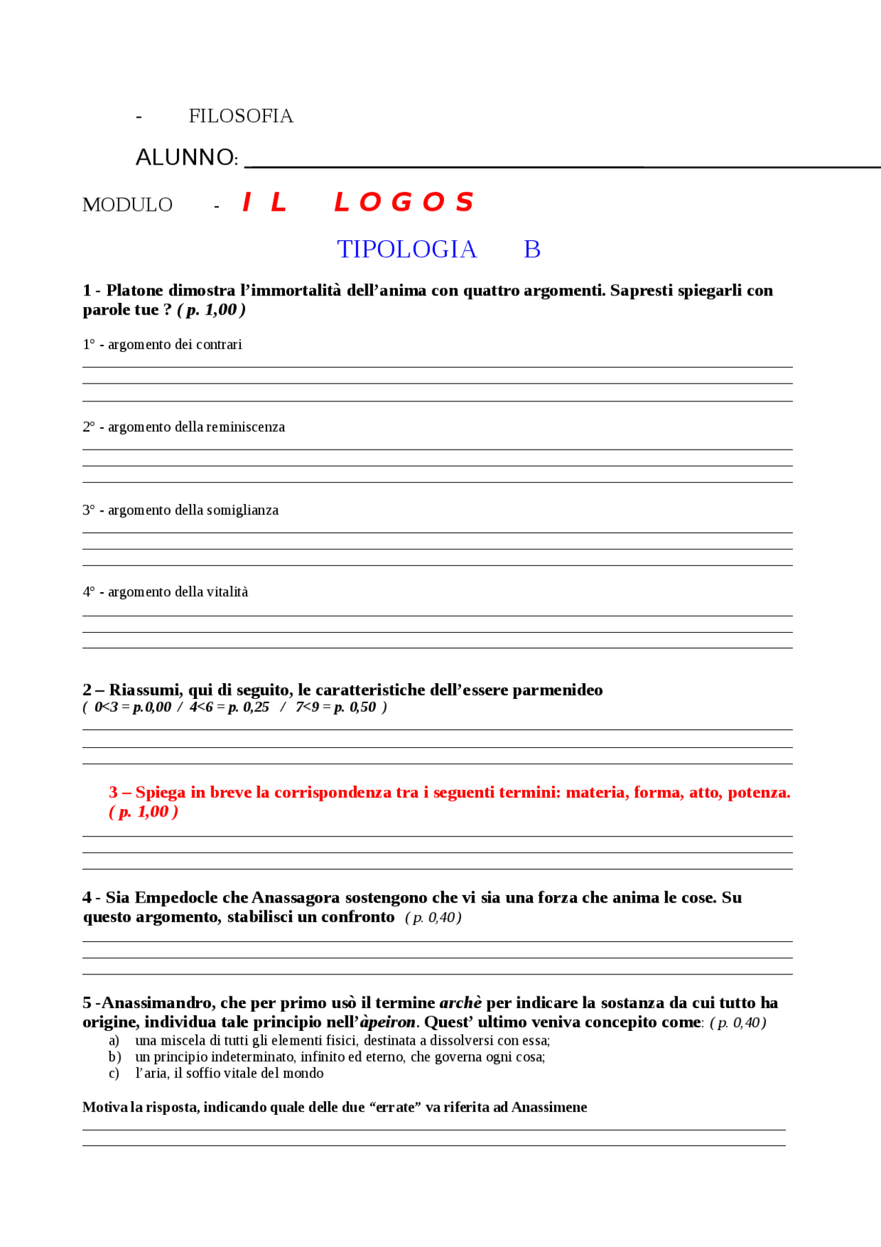 Il logos - Domande - Docsity