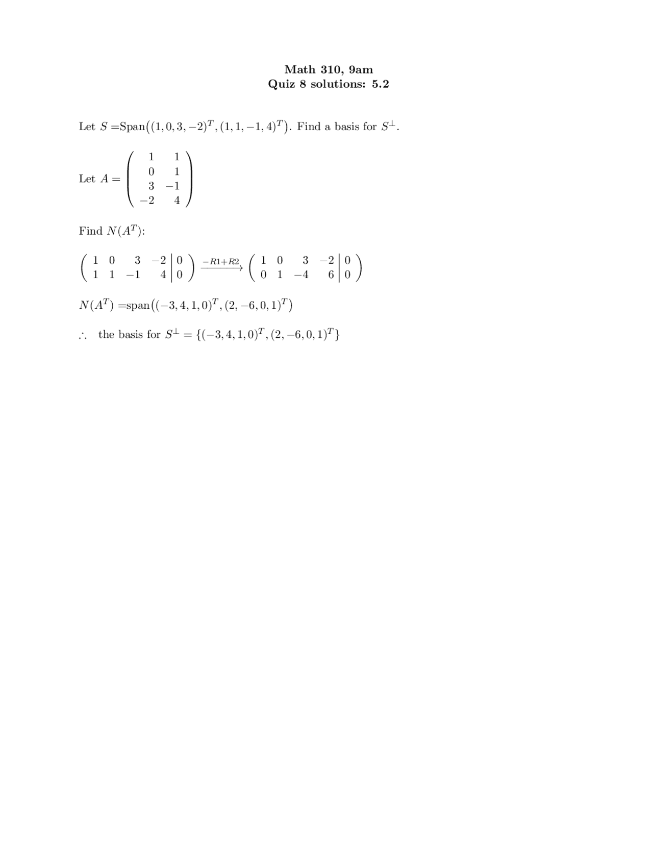 Solutions To Quiz 8 Applied Linear Algebra Math 310 Docsity