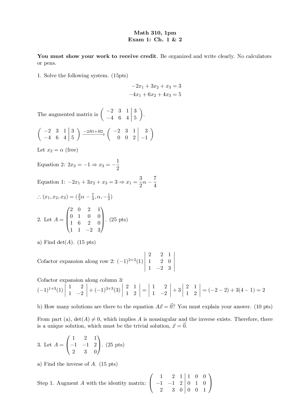 Applied Linear Algebra - Exam 1 Problems | MATH 310 - Docsity