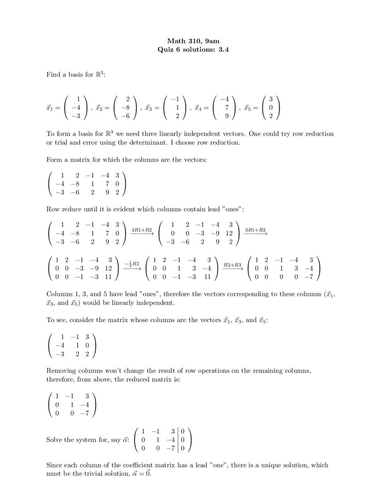 Quiz 6 Solution For Applied Linear Algebra Math 310 Docsity
