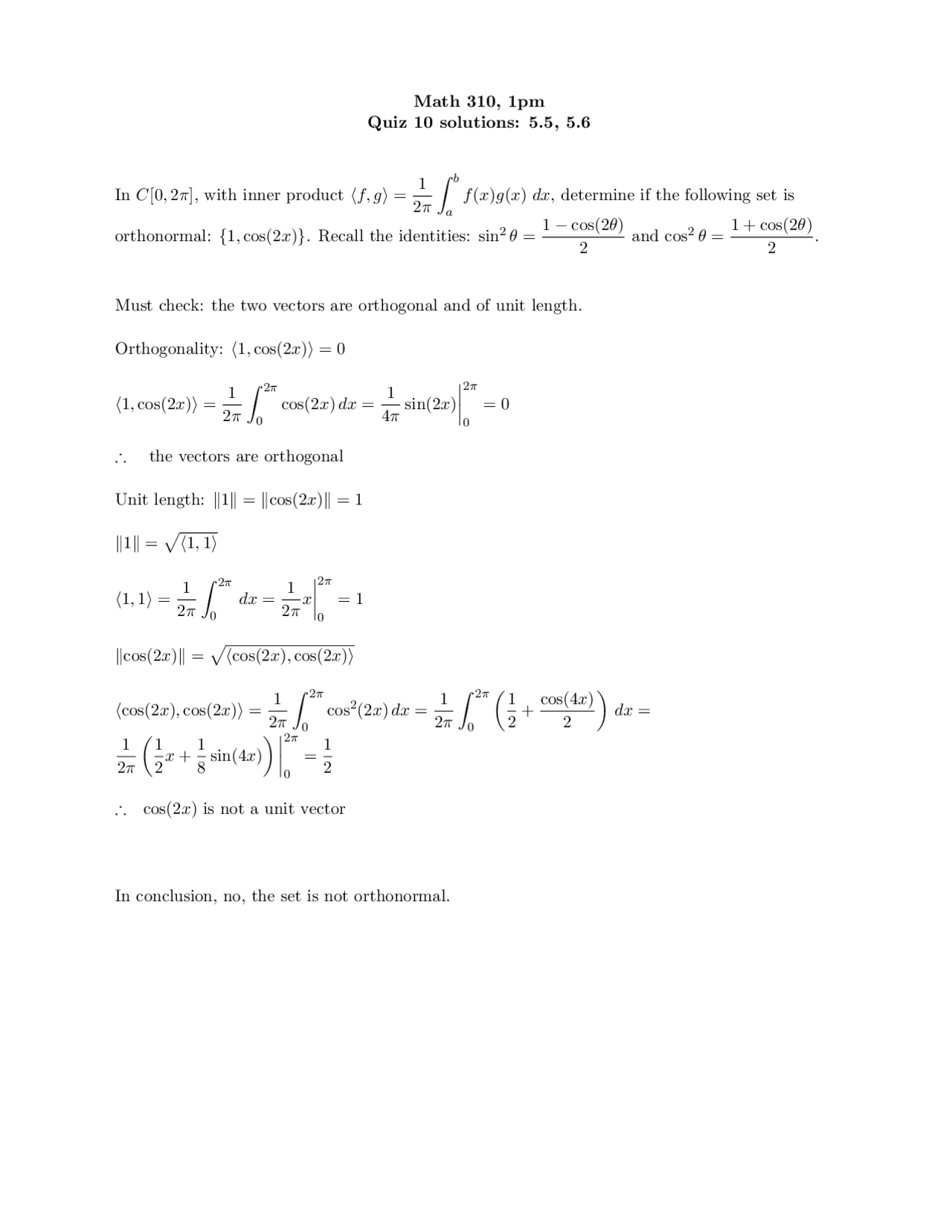 Quiz 10 With Solutions Applied Linear Algebra Math 310 Docsity