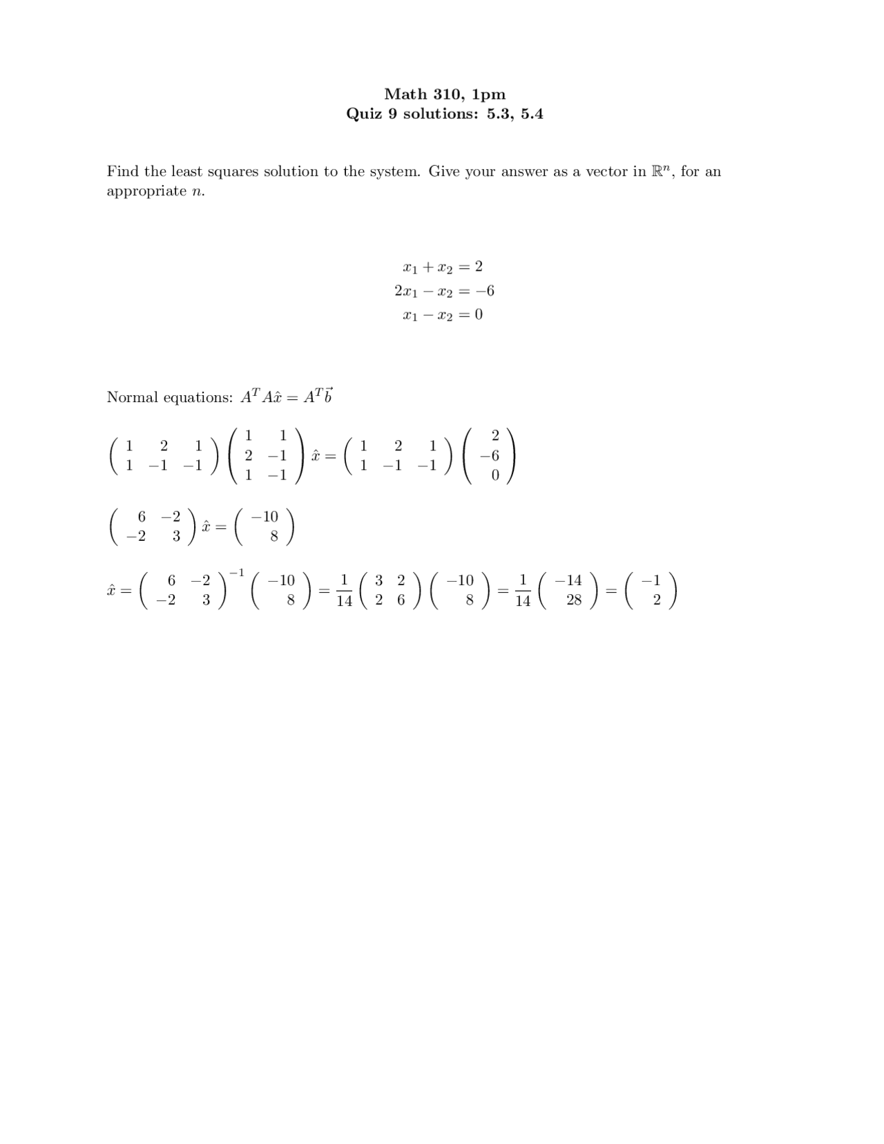 Quiz 9 Solutions For Applied Linear Algebra Math 310 Docsity