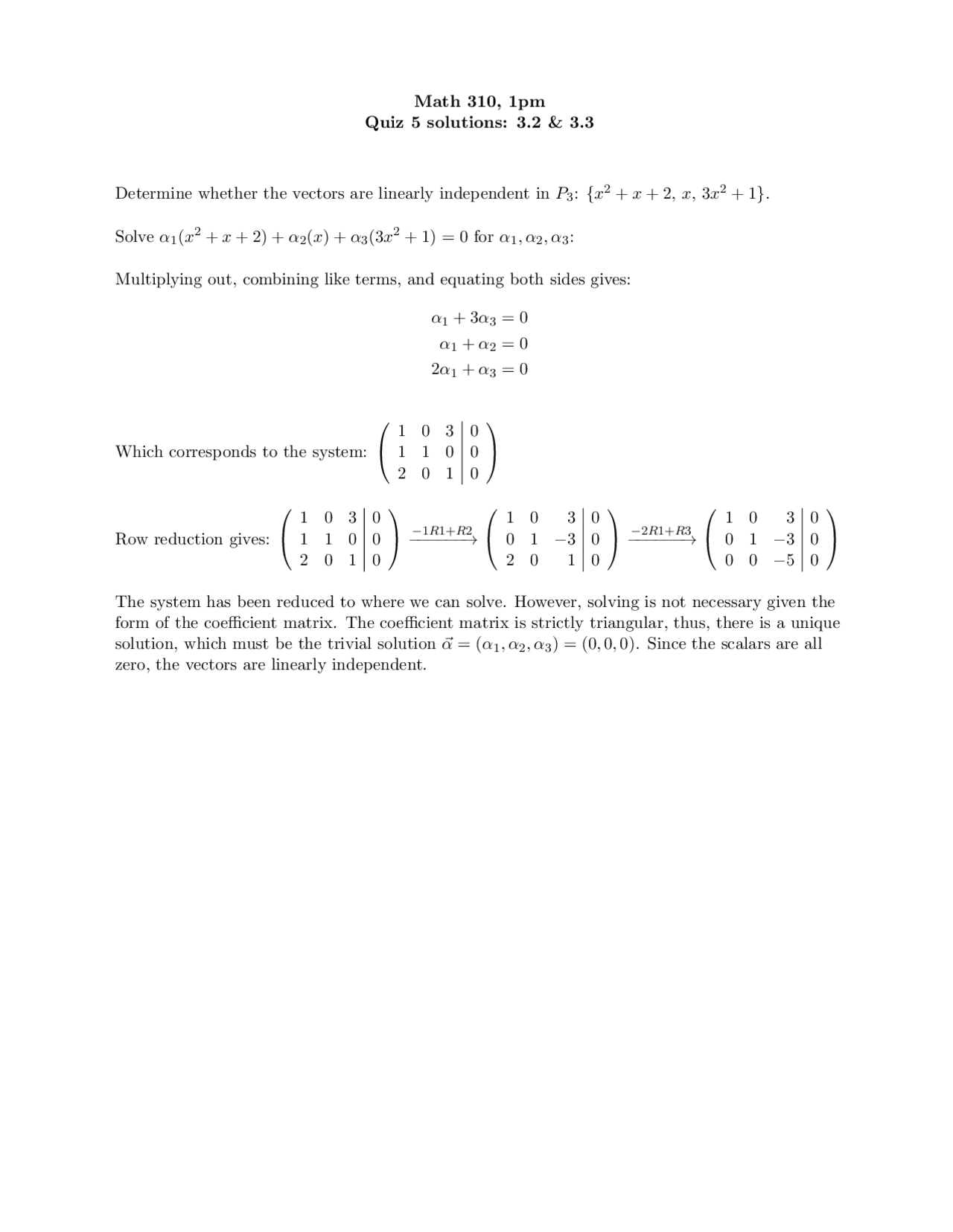 Solutions To Quiz 5 Applied Linear Algebra Math 310 Docsity