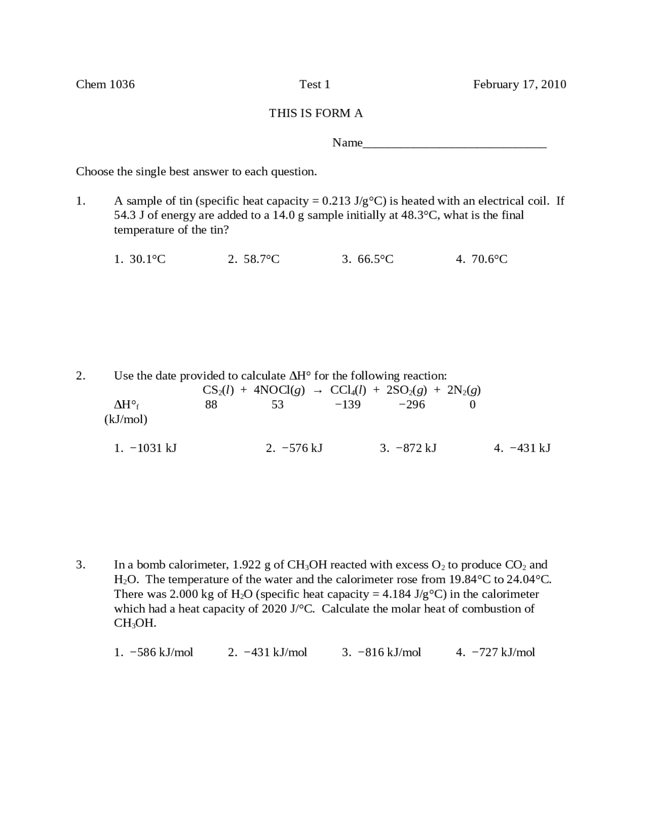 25 Multiple Choice Questions - General Chemistry | CHEM 1036 - Docsity