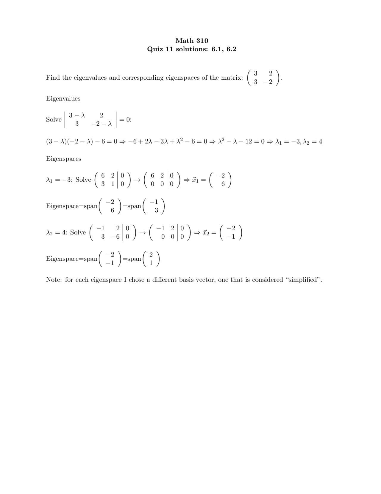 Solutions To Quiz 11 Applied Linear Algebra Math 310 Docsity