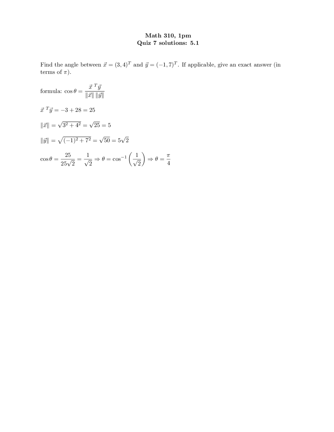 Quiz 7 Solutions Applied Linear Algebra Math 310 Docsity