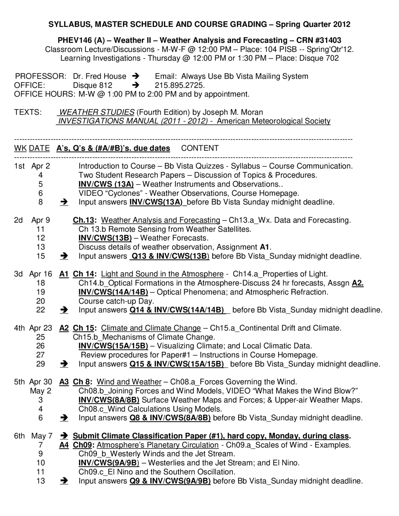 Syllabus For Weather Ii Analysis And Forecasting Phev 146 Docsity