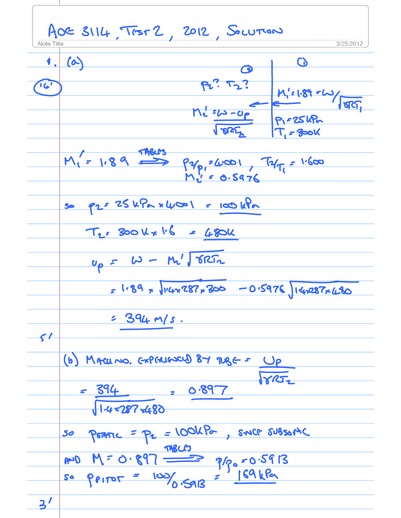 Compressible Aerodynamics Solved Test Aoe 3114 Docsity
