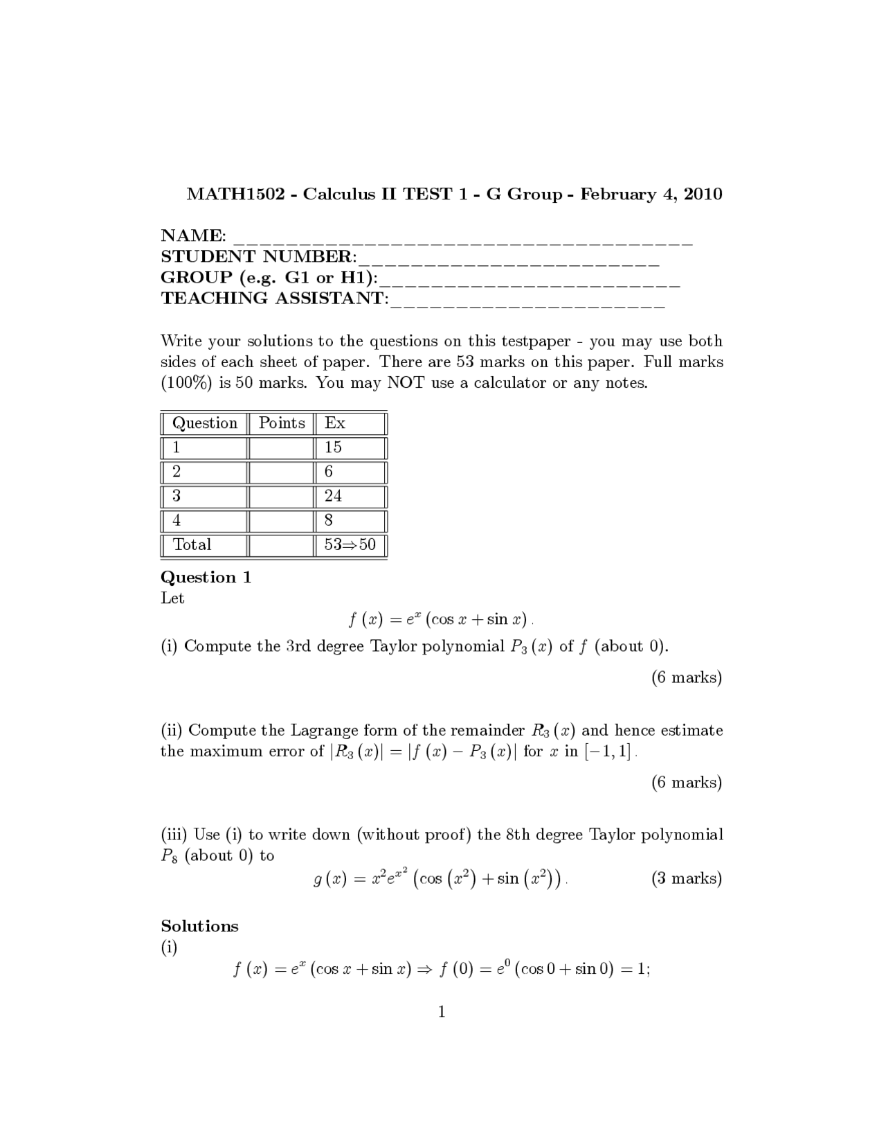 Test 1 With Solution Calculus Ii Math 1502 Docsity