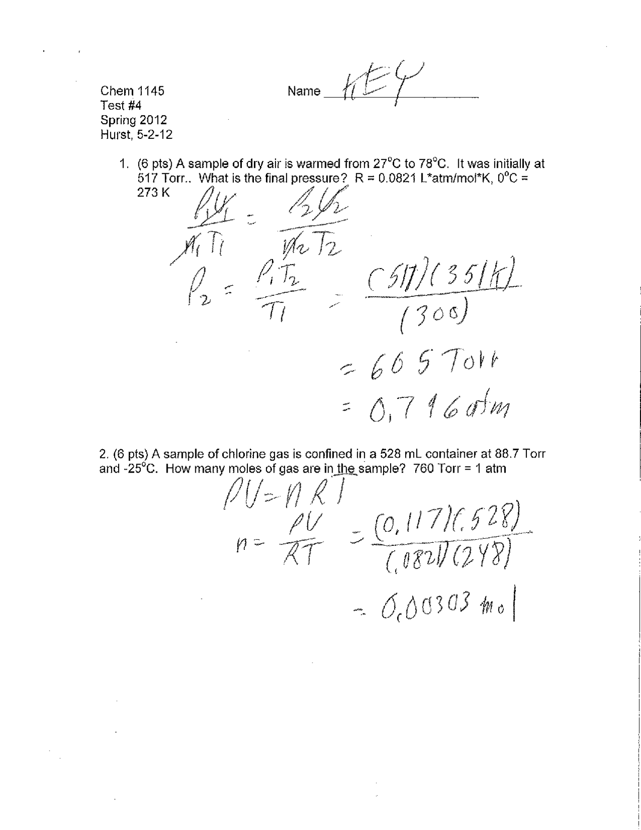 Answer Key for Past Test 4 - Principles of Chemistry I Lab | CHEM 1145 ...