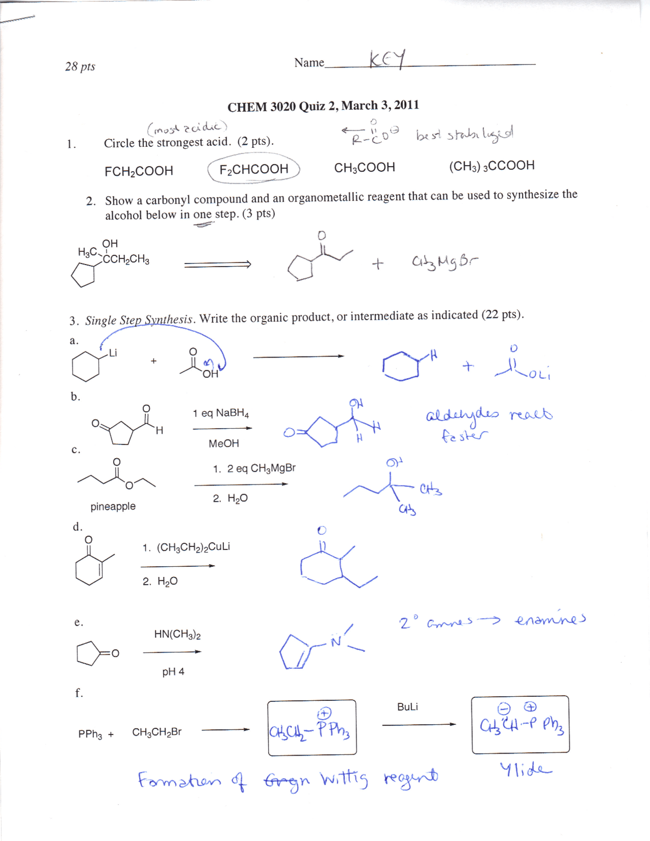 Quiz 2 Test Answer Key - Organic Chemistry II | CHEM 3020 | Quizzes ...
