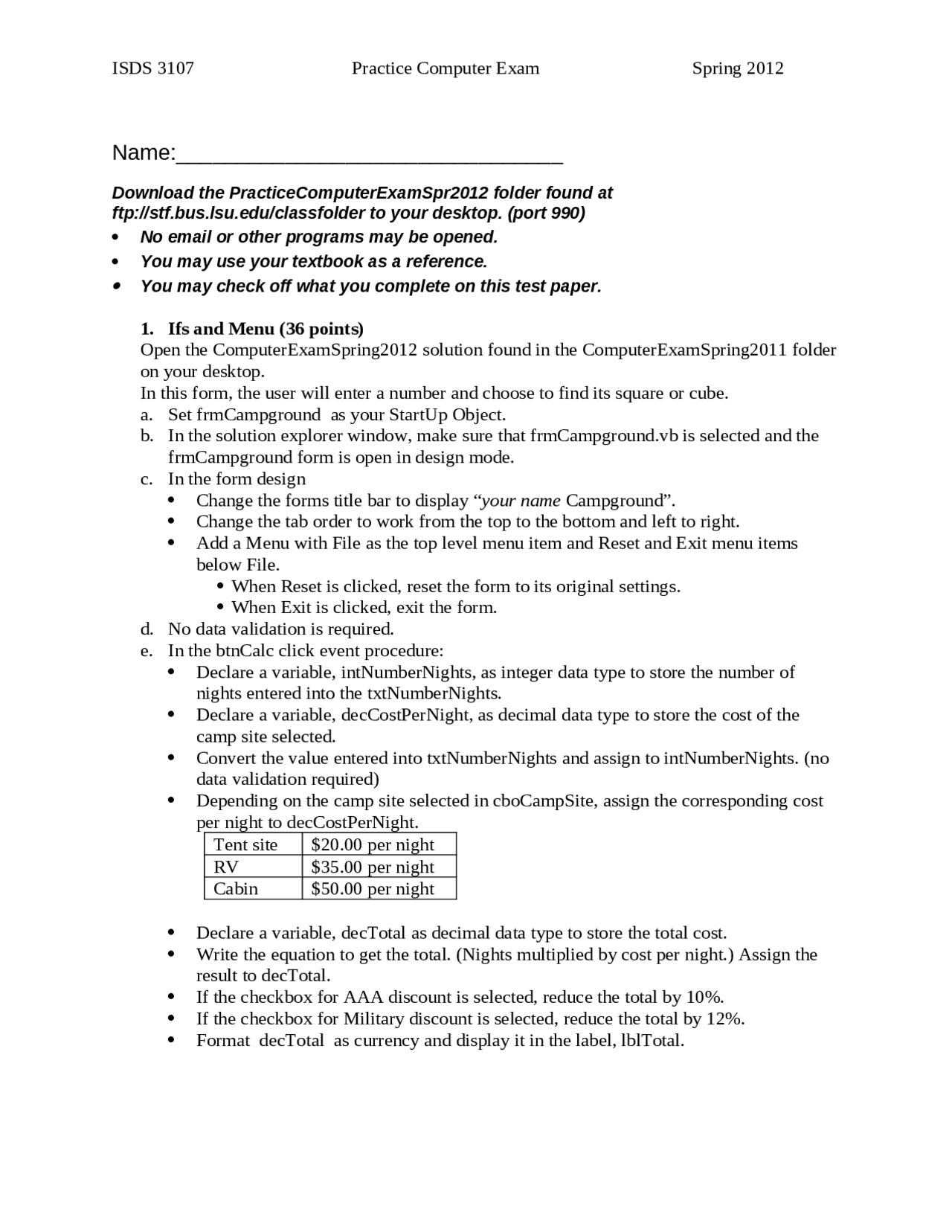 Ifs and Menu, Loops, Data Validation - Practice Computer Exam | ISDS 3107 - Docsity