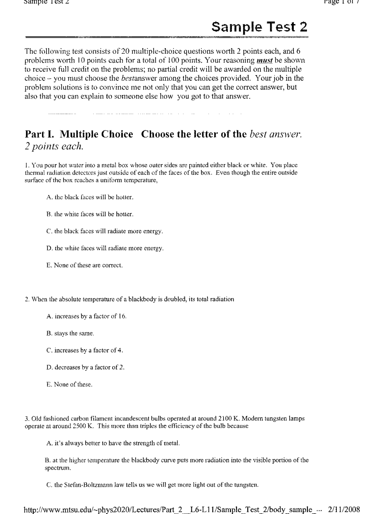 Sample Test 2 - Non-Calculus-Based Physics II | PHYS 2020 - Docsity