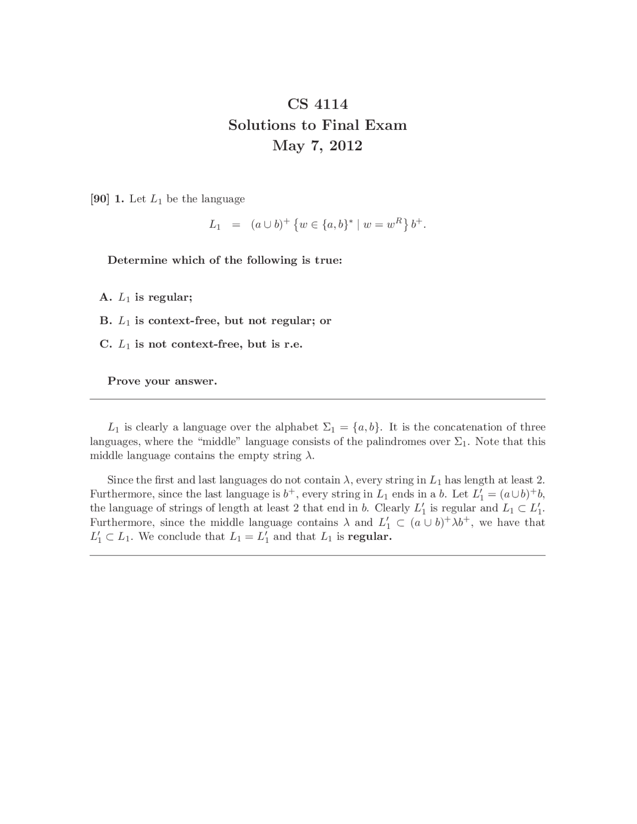 Solutions To Final Exam On Formal Languages Cs 4114 Docsity