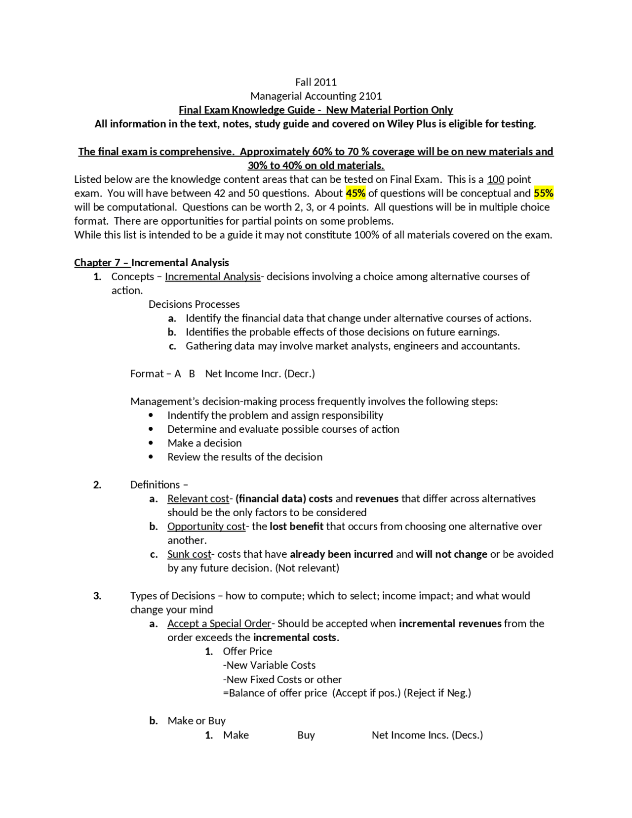 Final Exam Knowledge Guide Introduction Managerial Accounting Acct