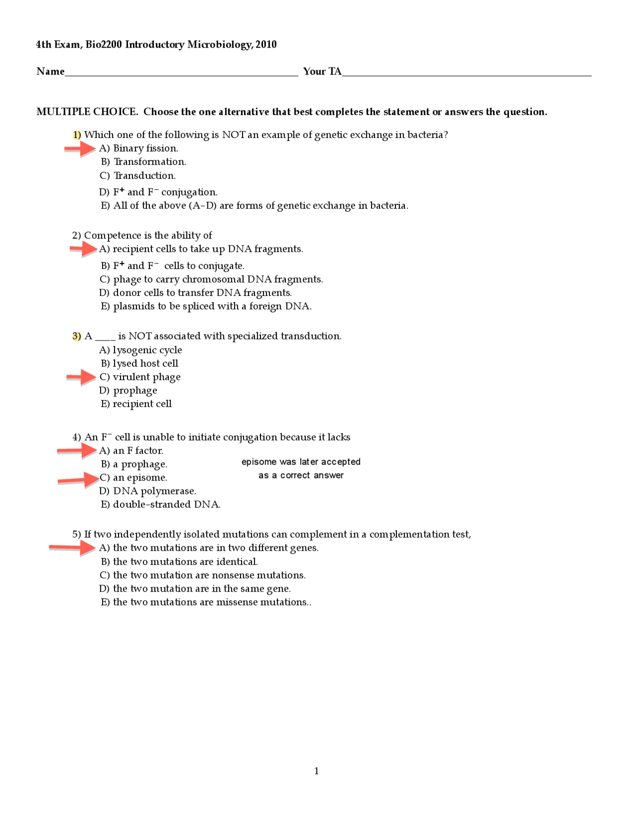 Introductory Microbiology - 26 Multiple Choice Questions for Exam 4 ...