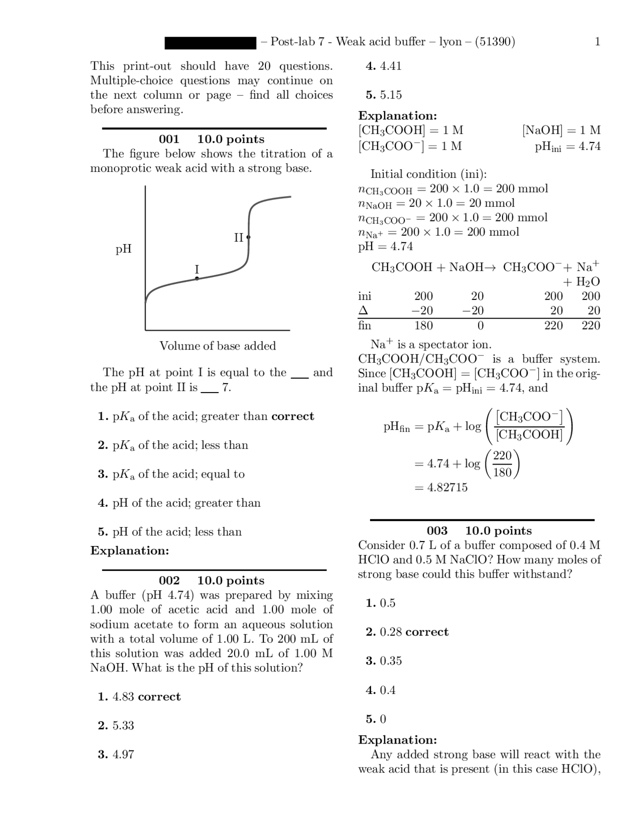 Weak Acid Buffer Post Lab 7 Questions With Answers Ch 204 Docsity
