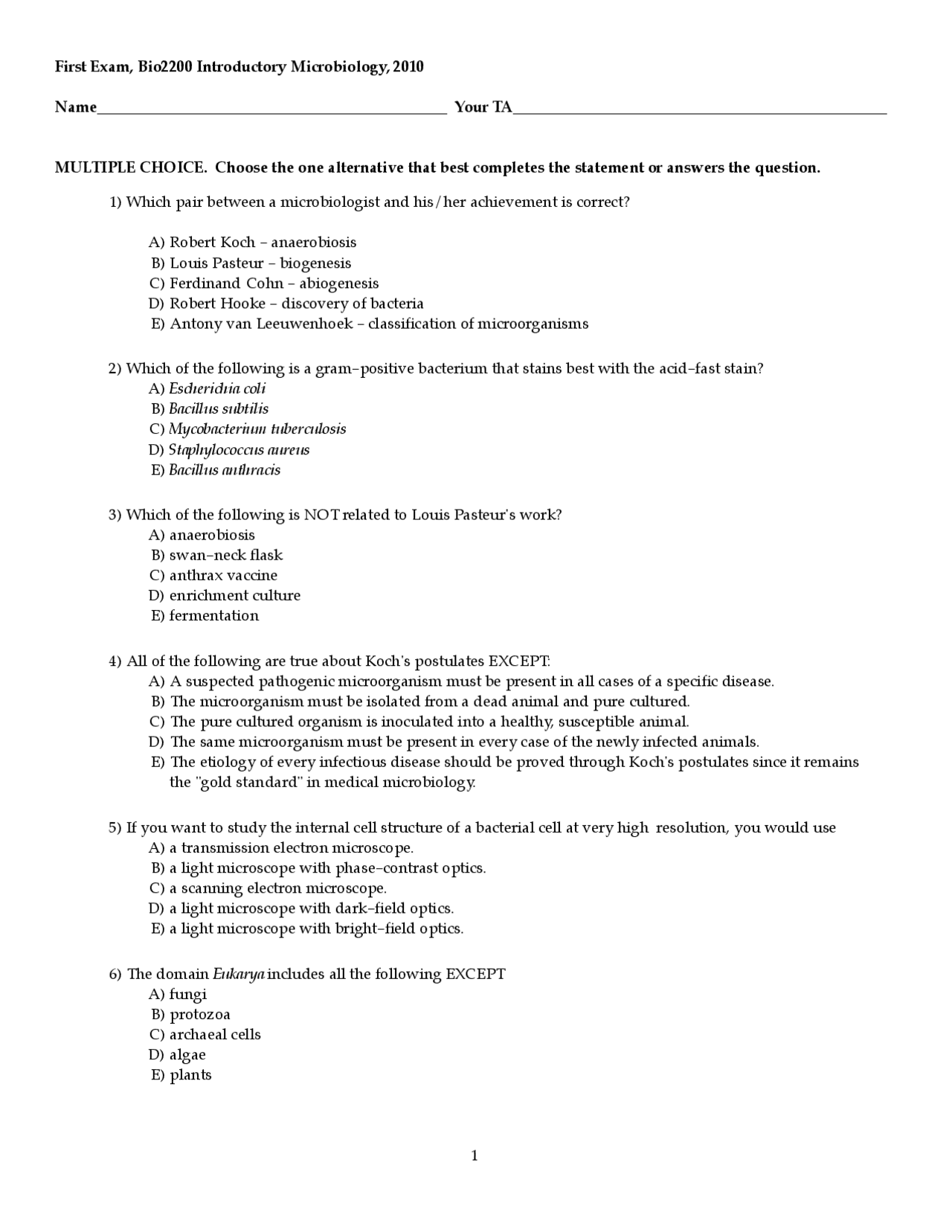 30 Multiple Choice Questions on Introductory Microbiology | BIO 2200 ...