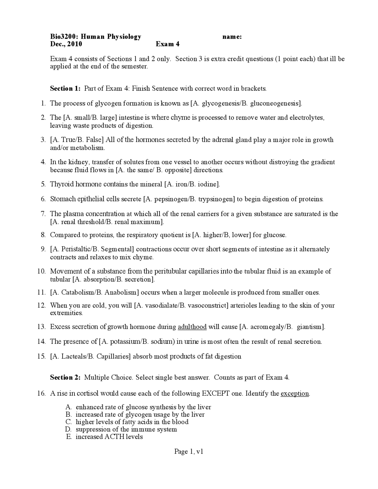 Human Physiology Practice Questions For Exam 4 Bio 3200 Docsity
