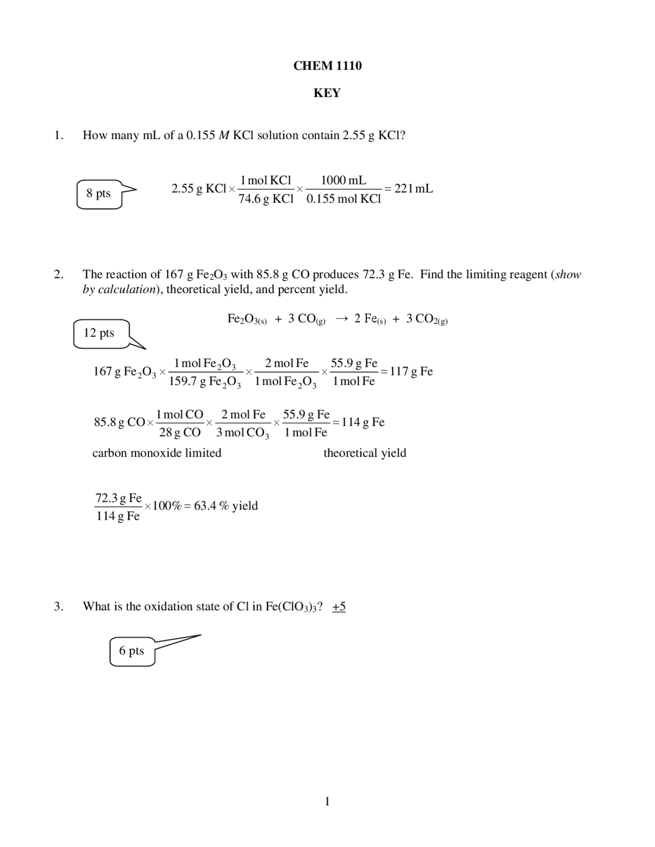 Quiz 3 With Answer Key Elementary Chemistry Chem 1110 Docsity