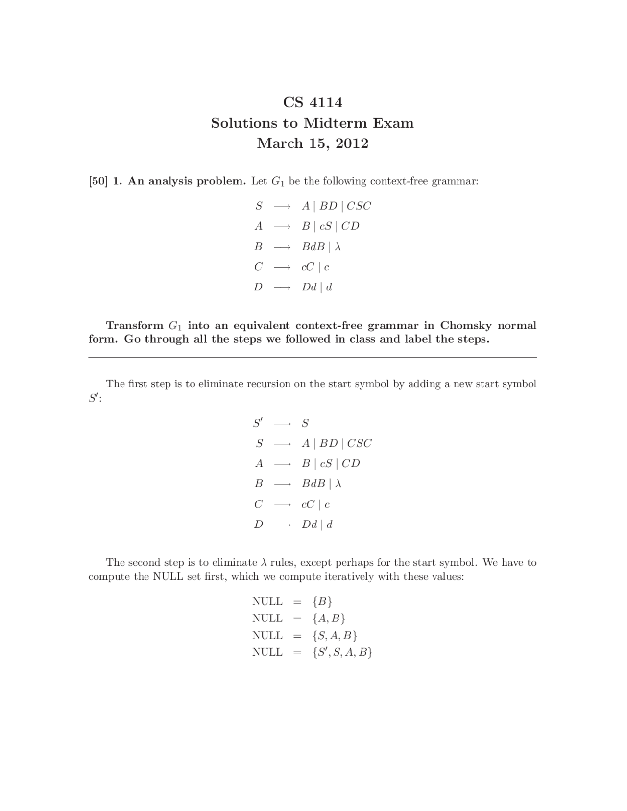 Solution To Midterm Exam Formal Languages Cs 4114 Docsity