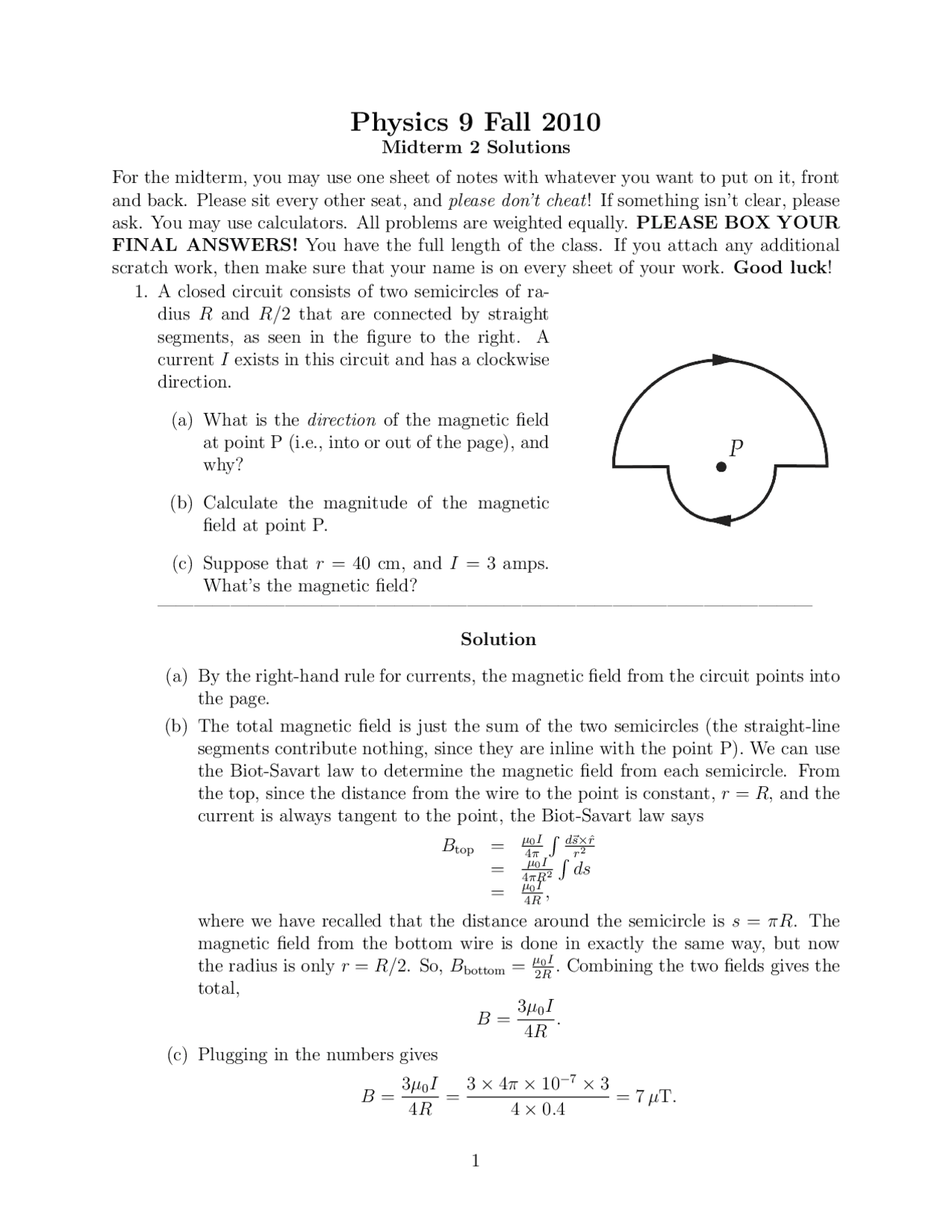 4 Solved Solutions On Magnetic Field Midterm Exam 2 Phys 009 Docsity