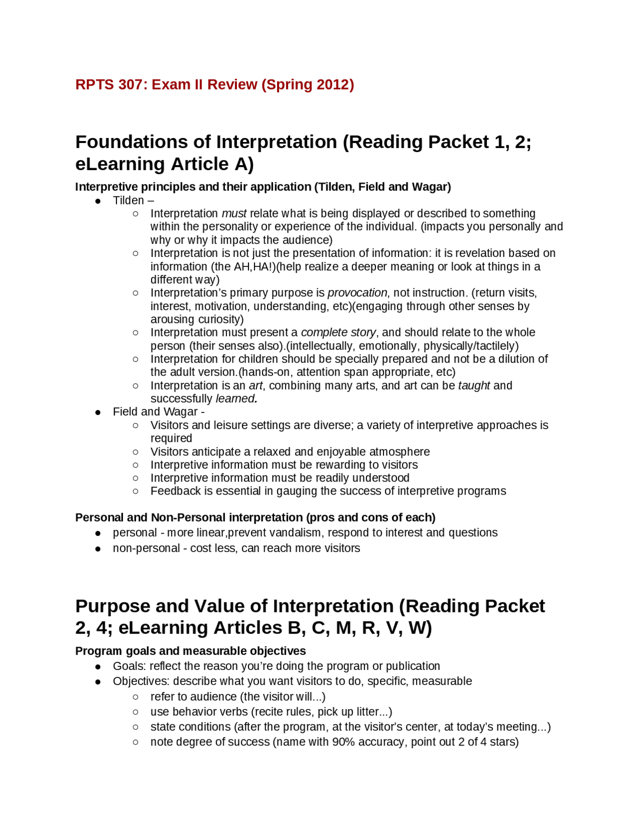 Foundations of Interpretation Exam 2 Review | RPTS 307 - Docsity