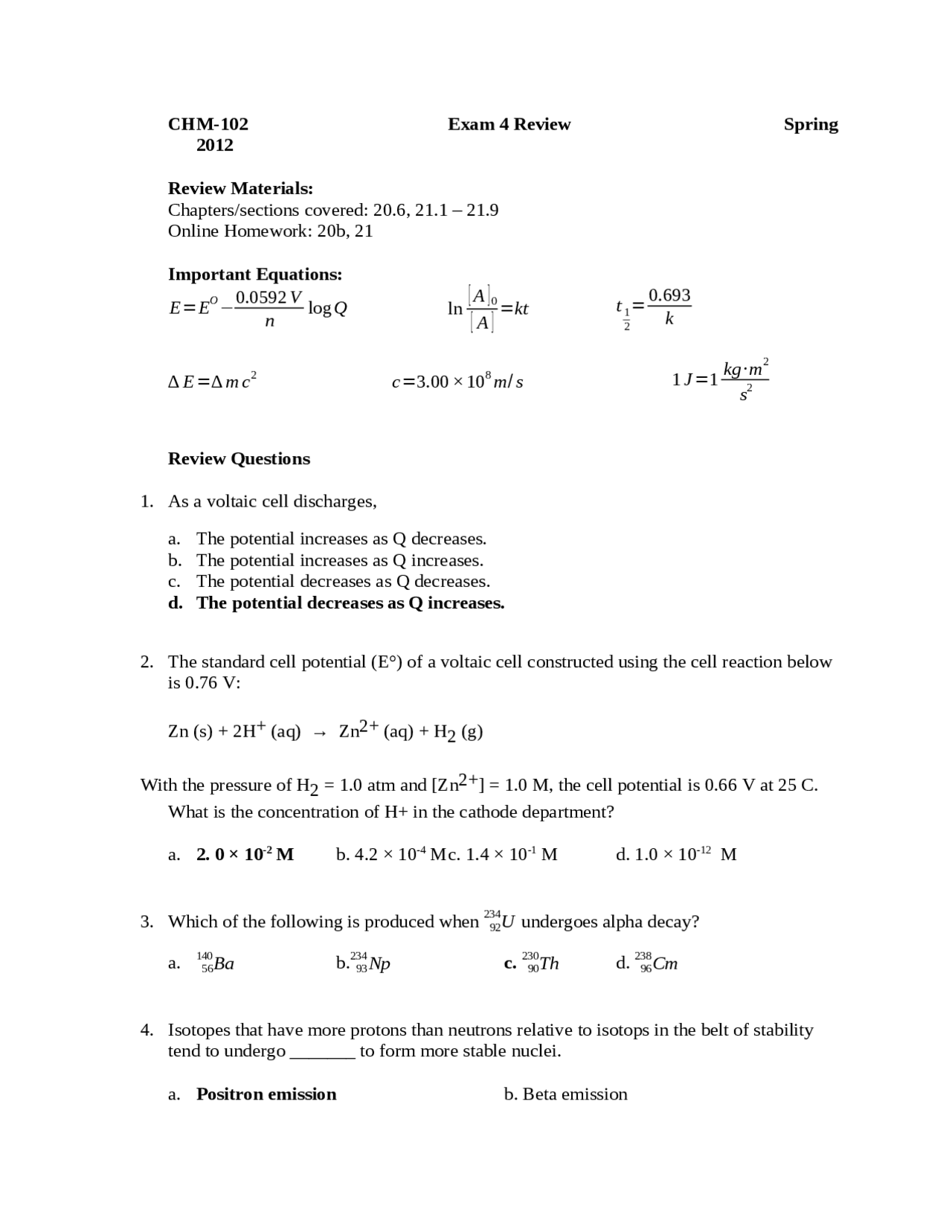 Exam 4 Review for General Chemistry II | CHM 102 - Docsity