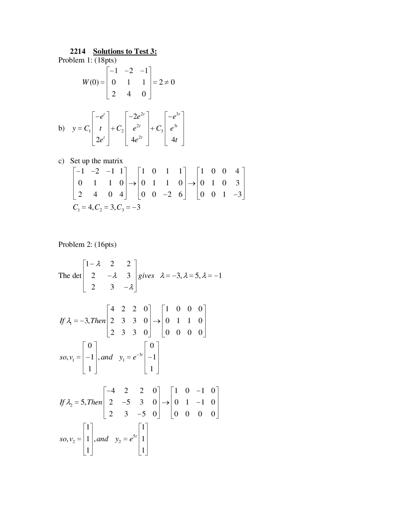 Resolution For Test 3 Introduction To Differential Equations Math