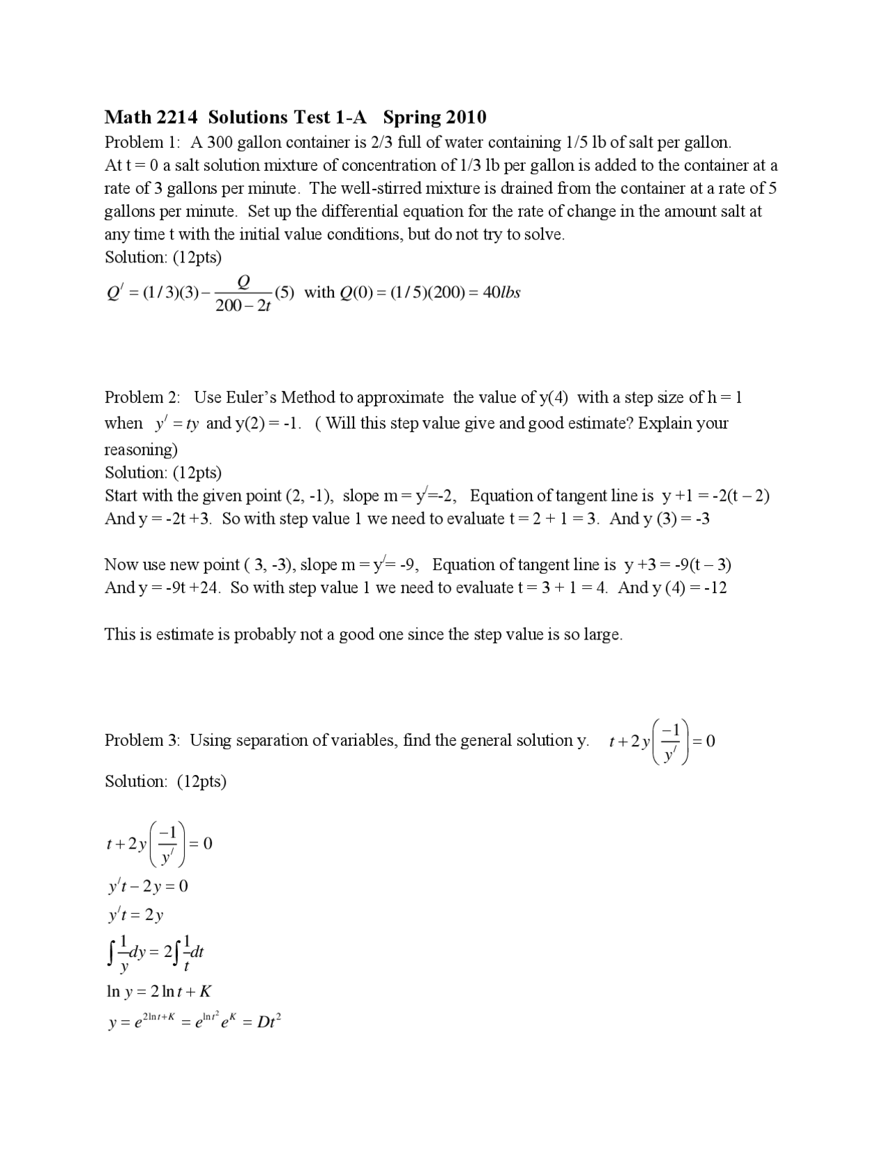 Introduction To Differential Equations Exam Solution Test 1 A Math 2214 Docsity