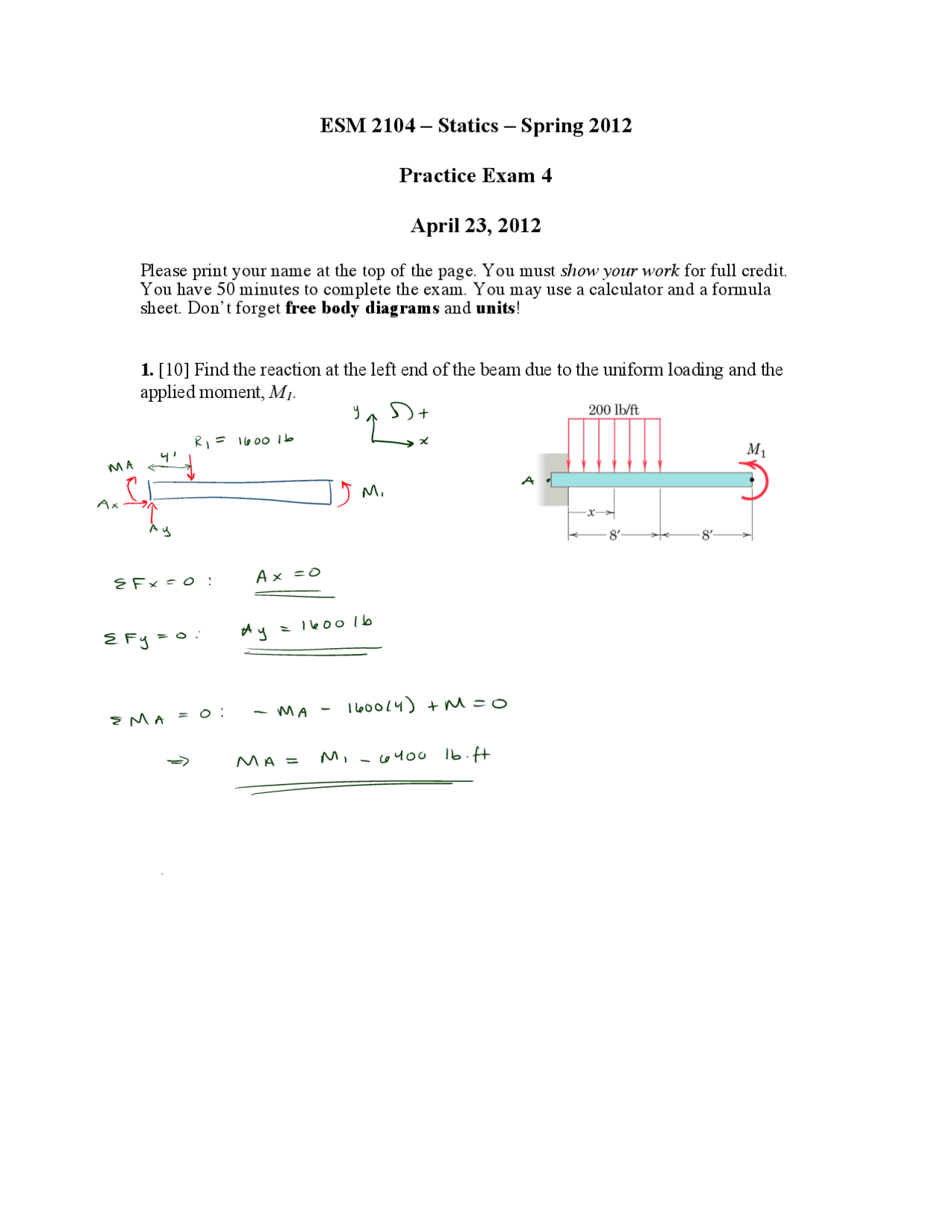 Practice Examination 4 With Resolution Statics Esm 2104 Docsity