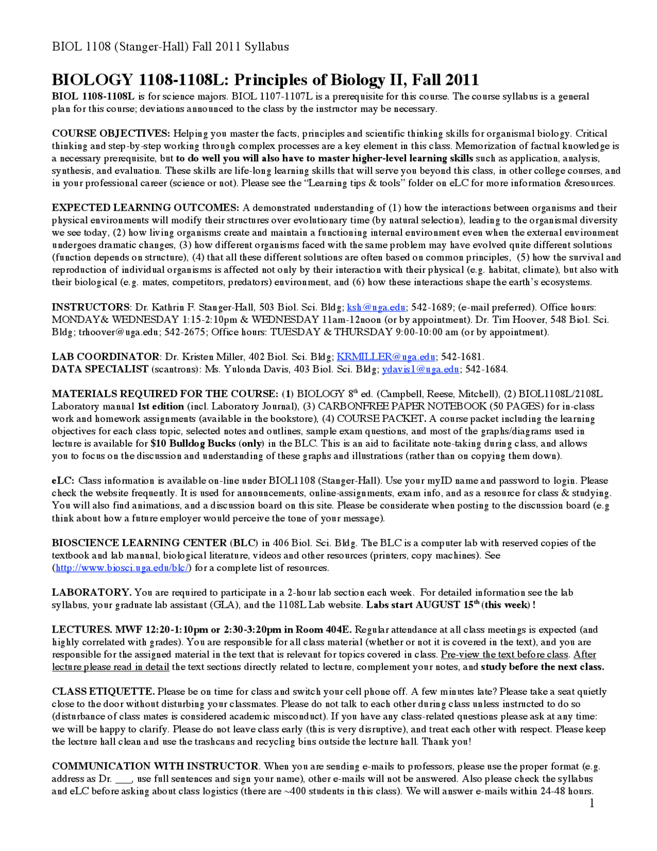 Principles Of Biology Ii Class Syllabus Biol 1108 Docsity