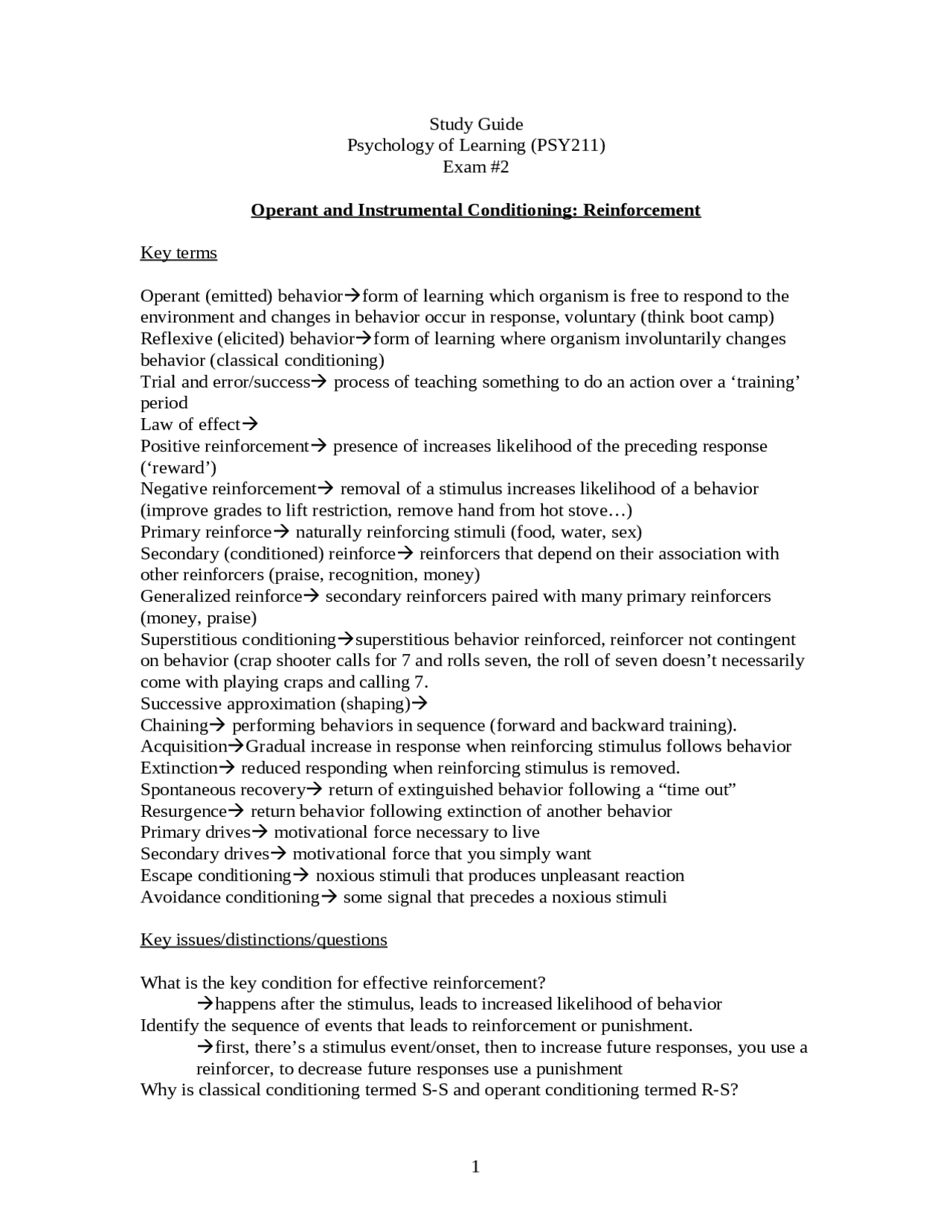 Study Guide Exam 2 - Operant/Instrumental Conditioning: Reinforcement ...