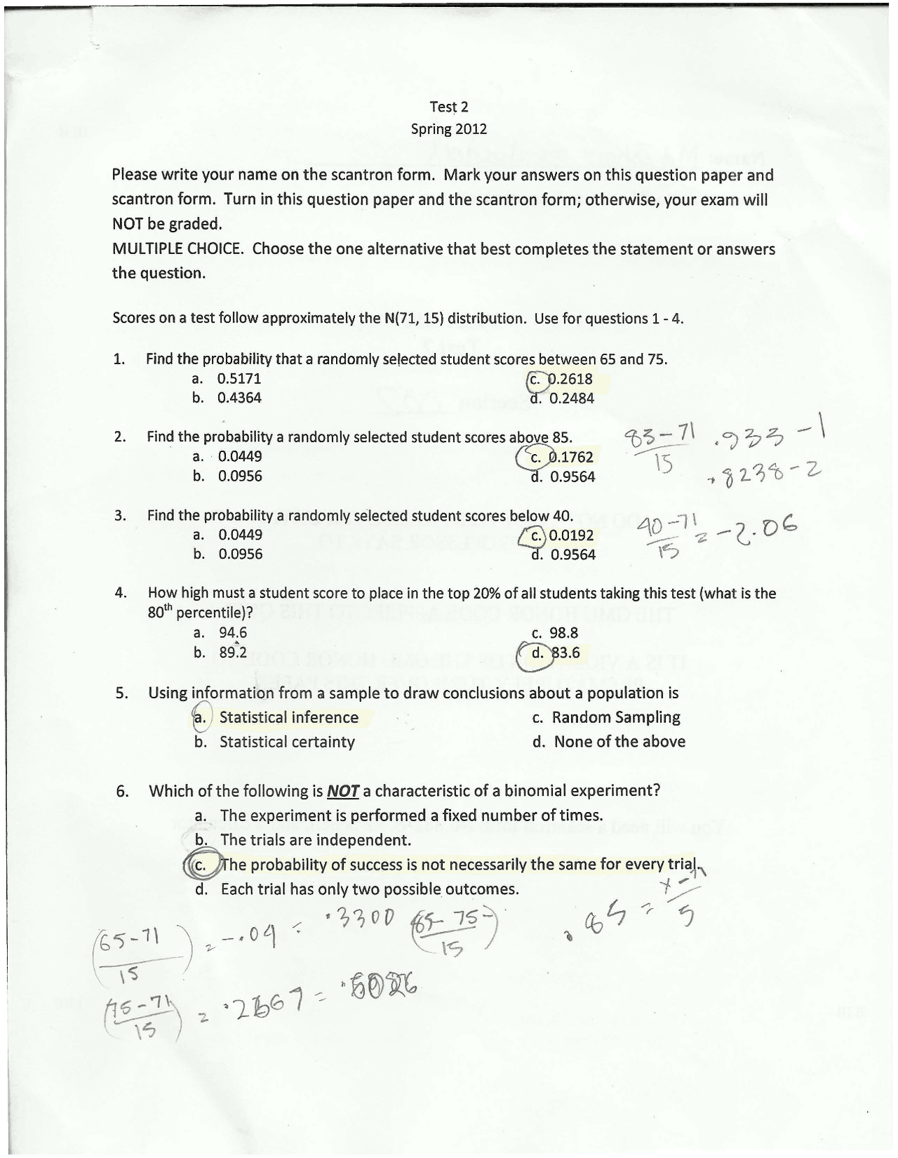 Test Two Answers Introductory Statistics I Stat 250 Docsity