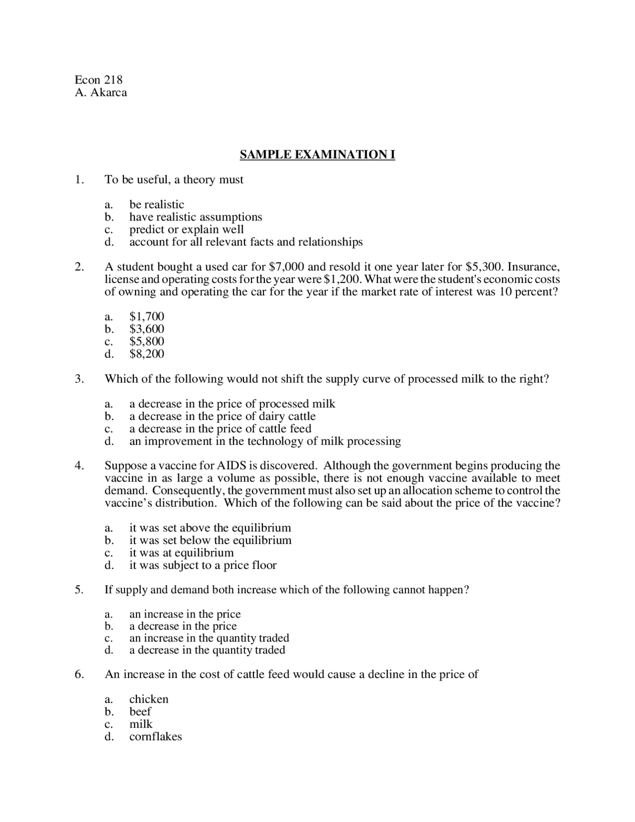 Sample Examination 30 Questions Microeconomics Econ 218 Docsity