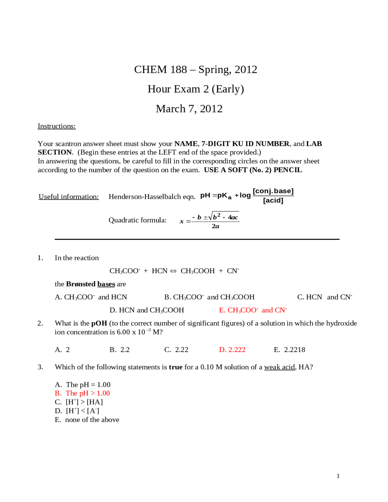 Foundations Of Chemistry Ii Exam Ii Answers Chem 188 Docsity