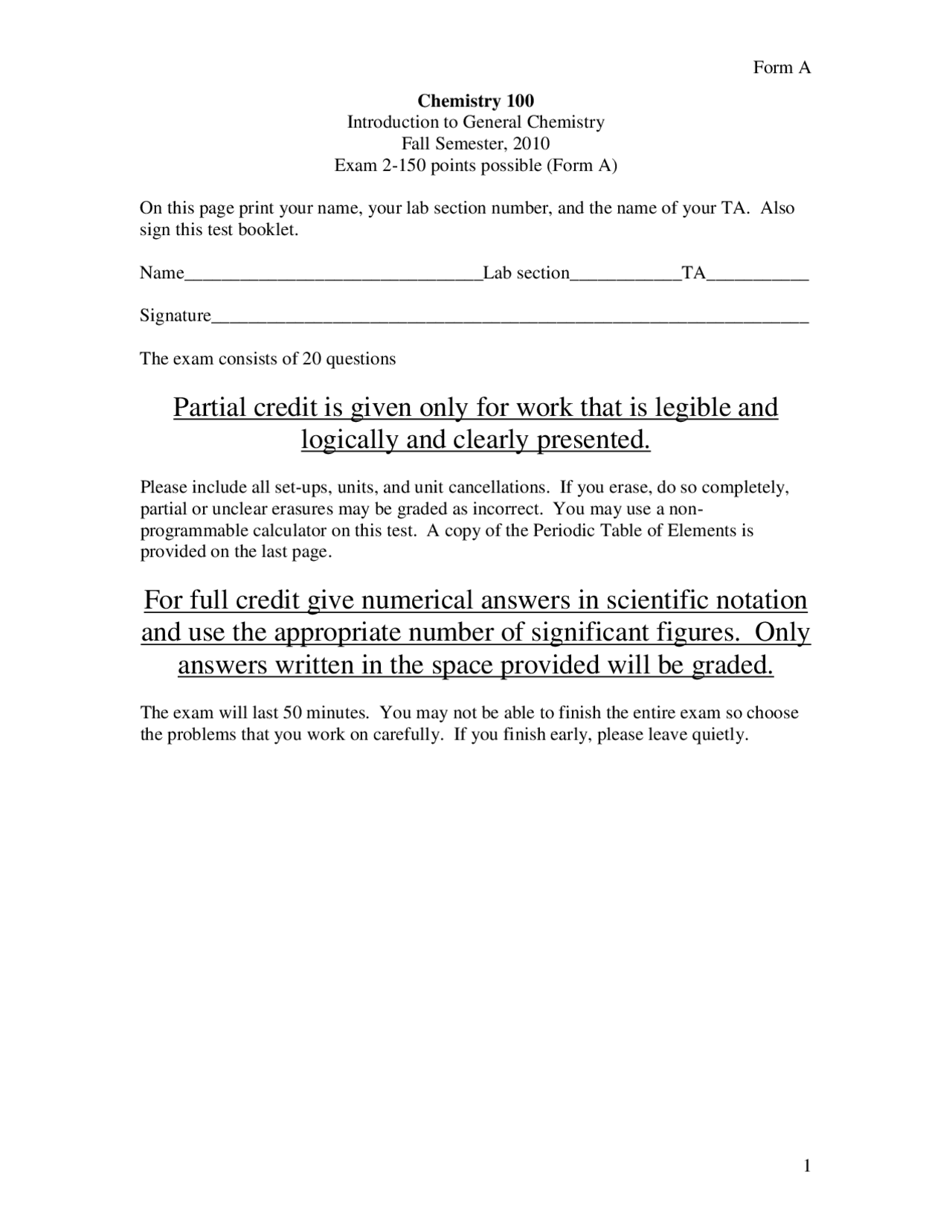 17 Questions for Exam 2 - Introduction To General Chemistry | CHEM 100 ...