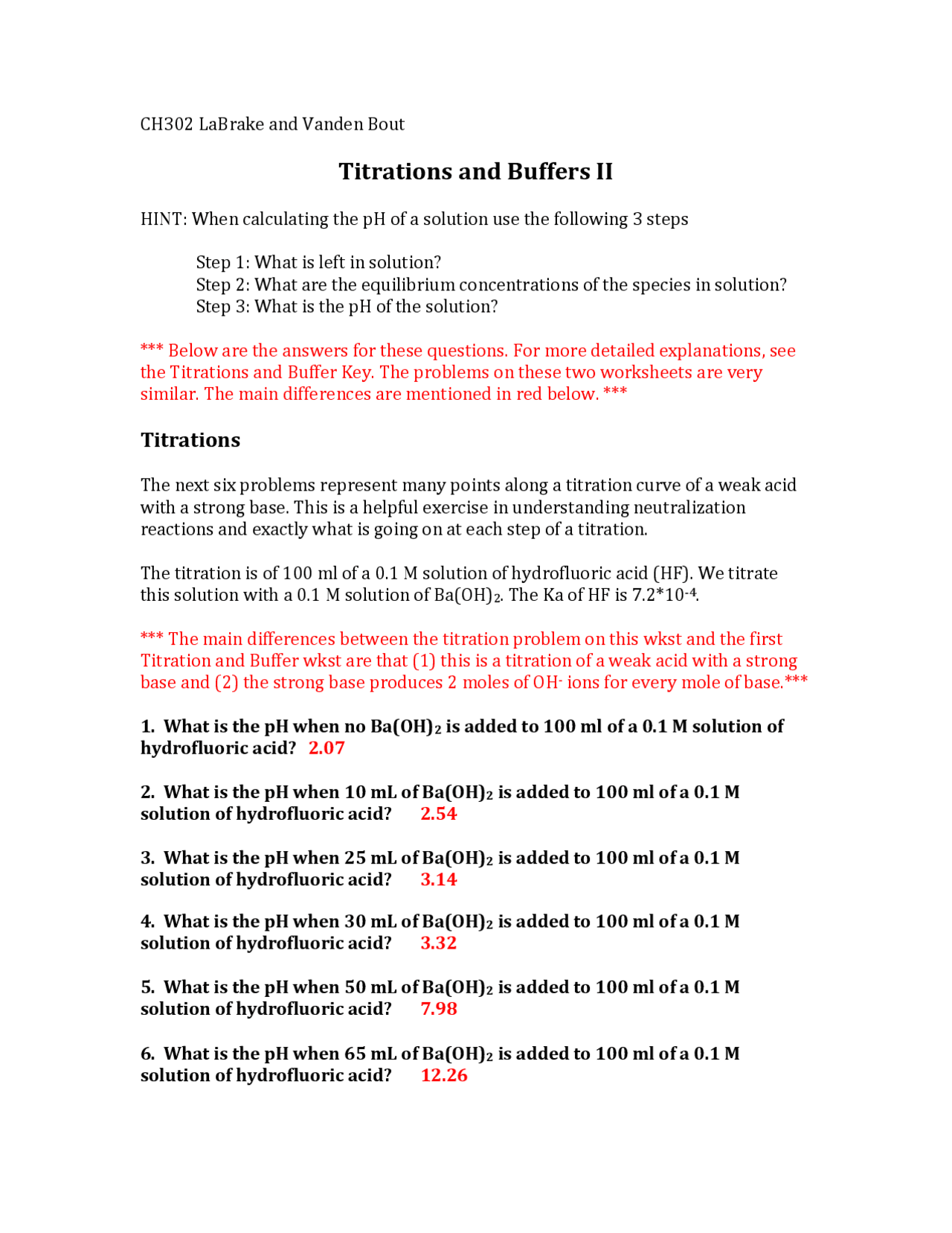 Titrations And Buffers Handout Notes Ch 302 Docsity