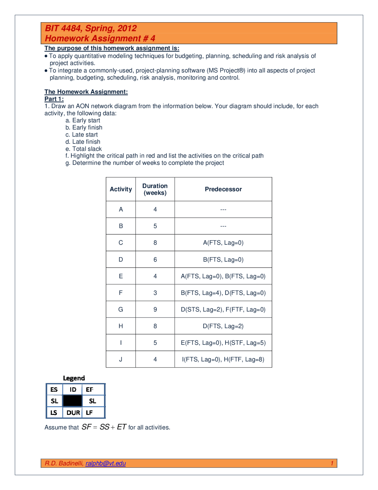 Homework 4 Solution Project Management Bit 4484 Docsity