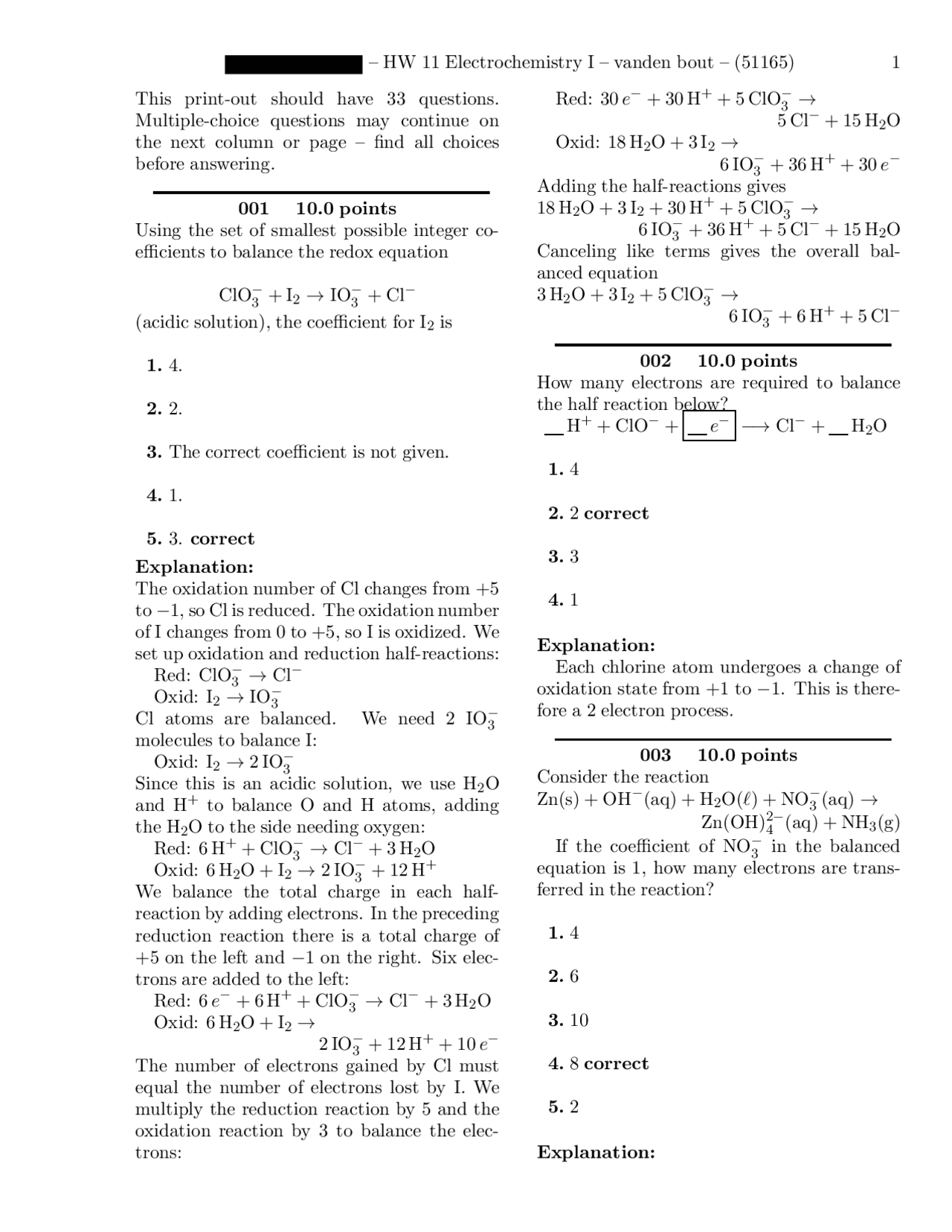 Electrochemistry I - Homework 11 with Answers | CH 302 | Quizzes ...
