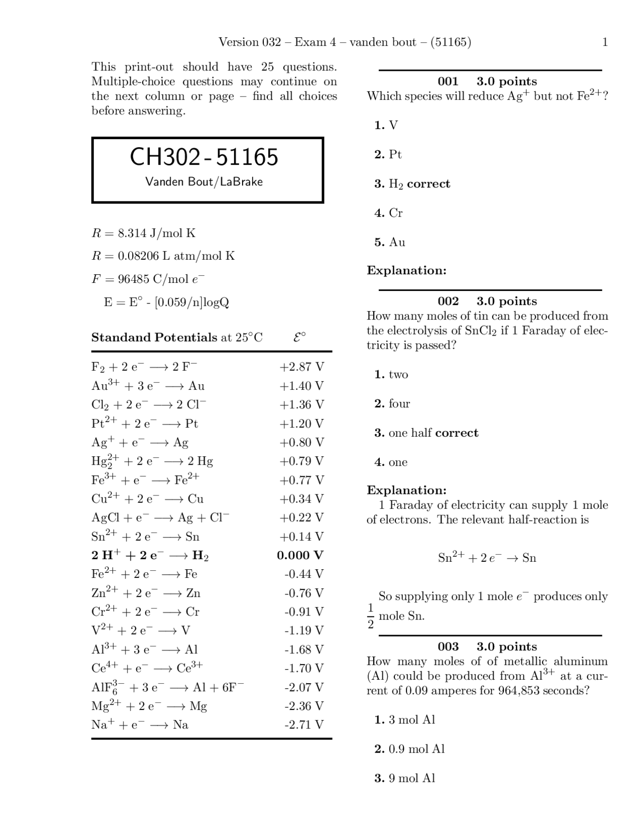 25 Questions On Principles Of Chemistry I With Solution Exam 4 Ch