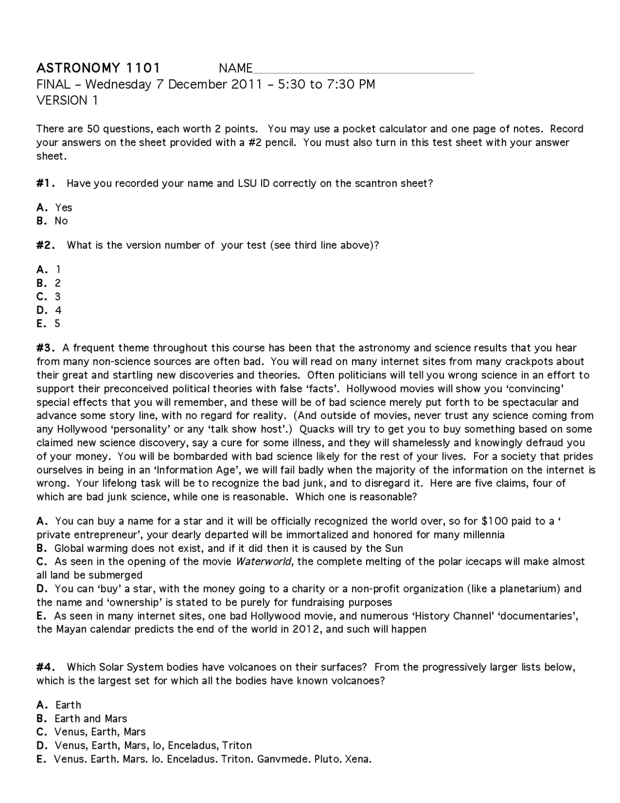 Exam 1 Solutions Key - The Solar System - Fall 2011 | ASTR 1101 - Docsity