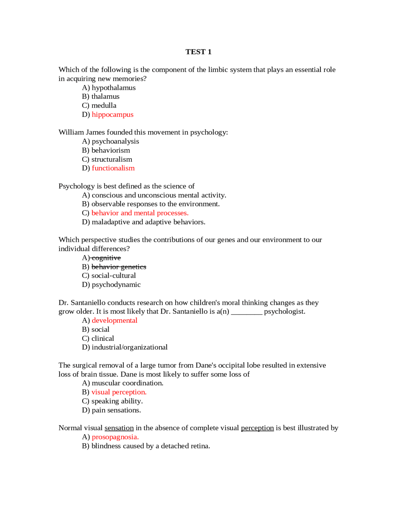 Solved Problems On Introductory Psychology Test 1 Psy 101 Docsity