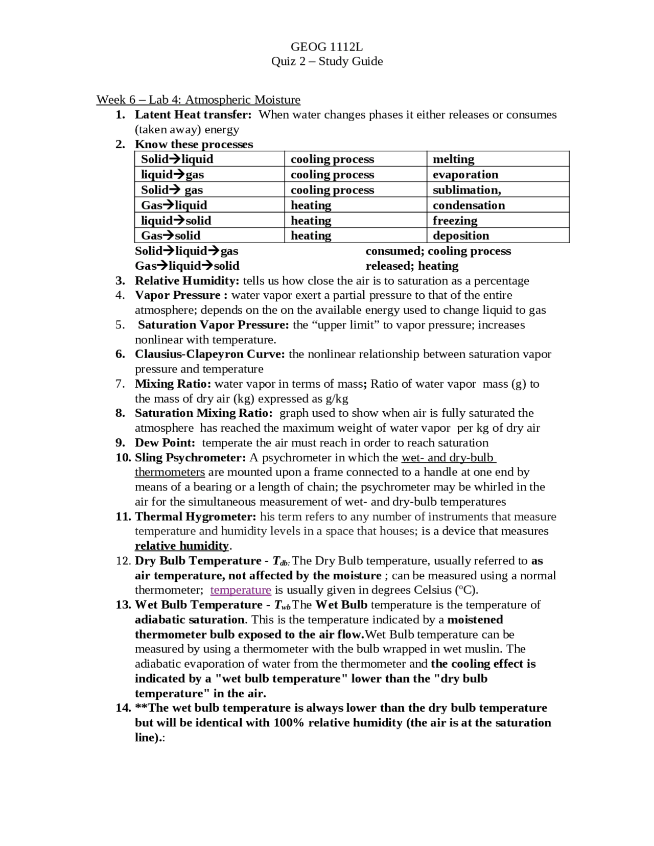 Quiz #2 Study Guide | Weather and Climate Laboratory | GEOG 1112L - Docsity