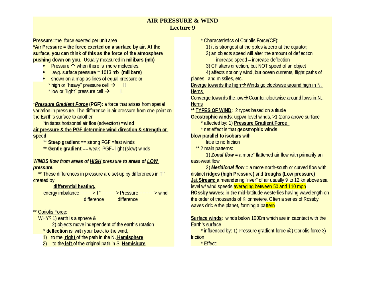 Air Pressure and Wind - Lecture Notes | GEOG 1112 - Docsity